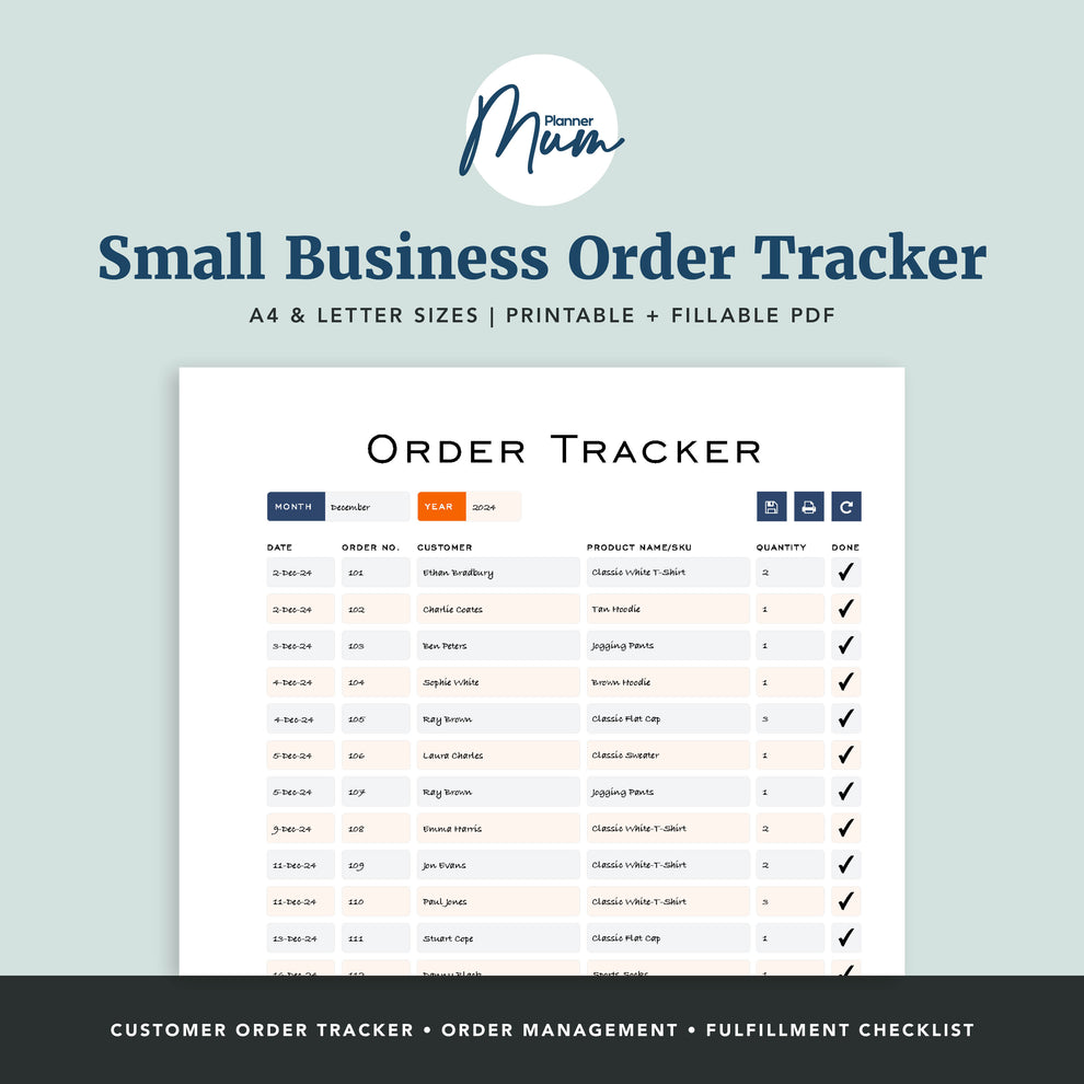 Small Business Order Tracker (Printable & Fillable) | Planner Mum